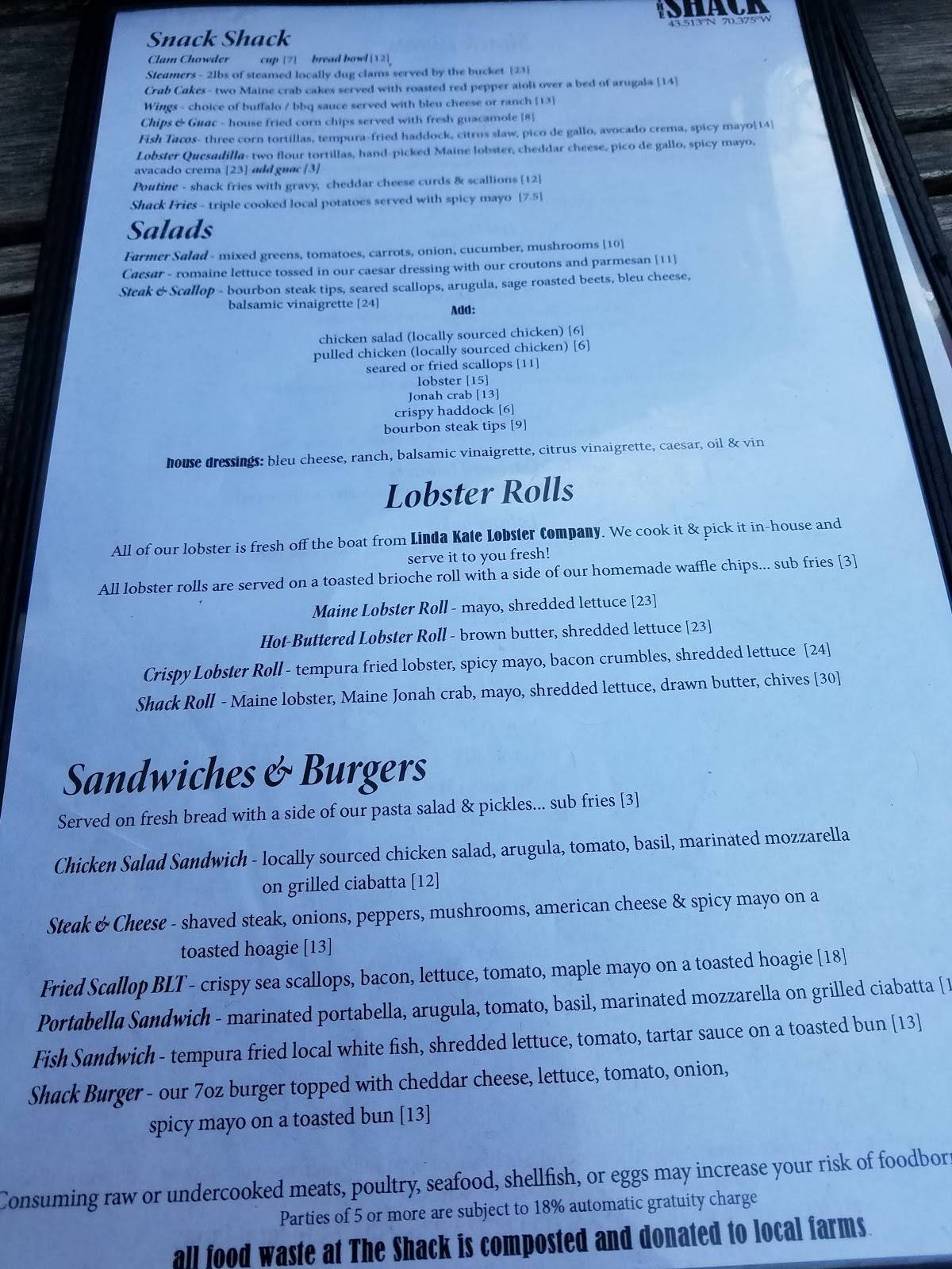 Menu at The Shack restaurant, Old Orchard Beach