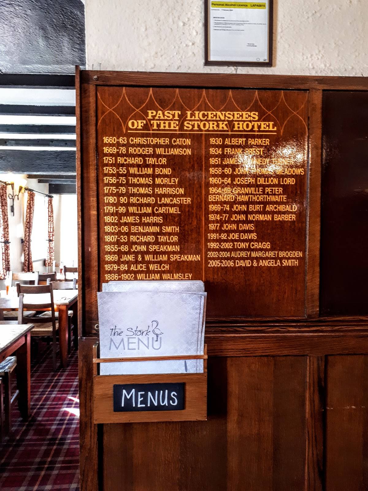 Menu at The Stork Hotel pub & bar, Lancaster