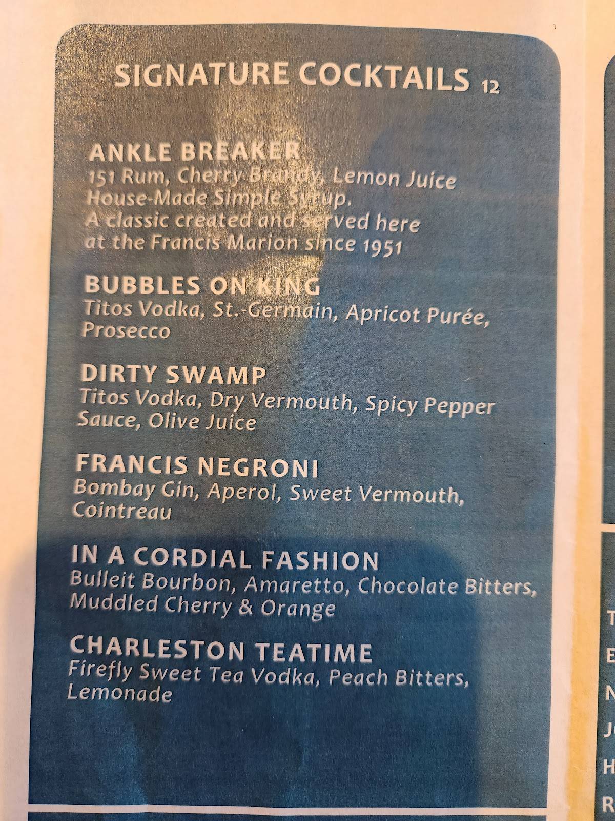 Menu at The Swamp Fox Restaurant, Charleston