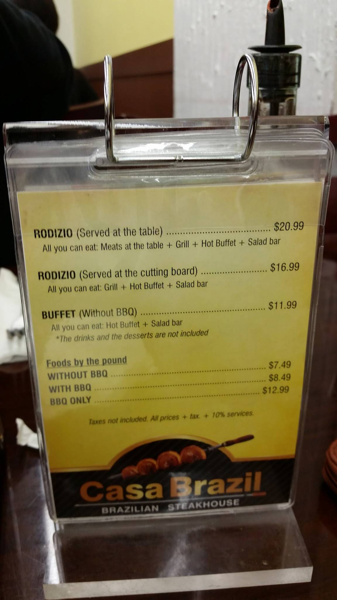 Menu at The Taste of Brazil steakhouse, Philadelphia