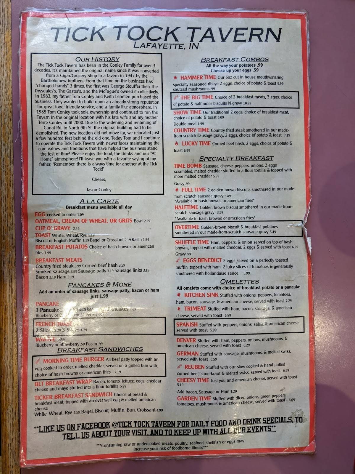 Menu at The Tick Tock Tavern & Eatery pub & bar, Lafayette
