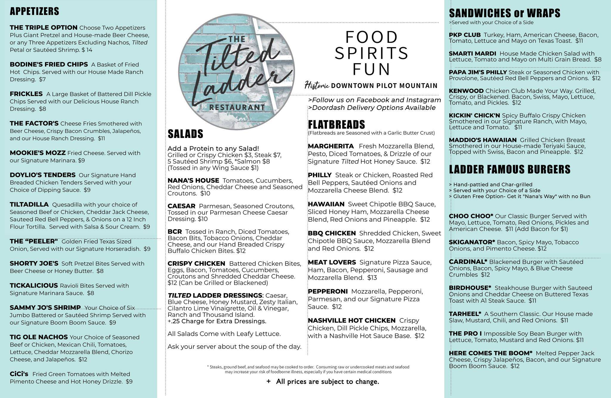 Menu at The Tilted Ladder desserts, Pilot Mountain