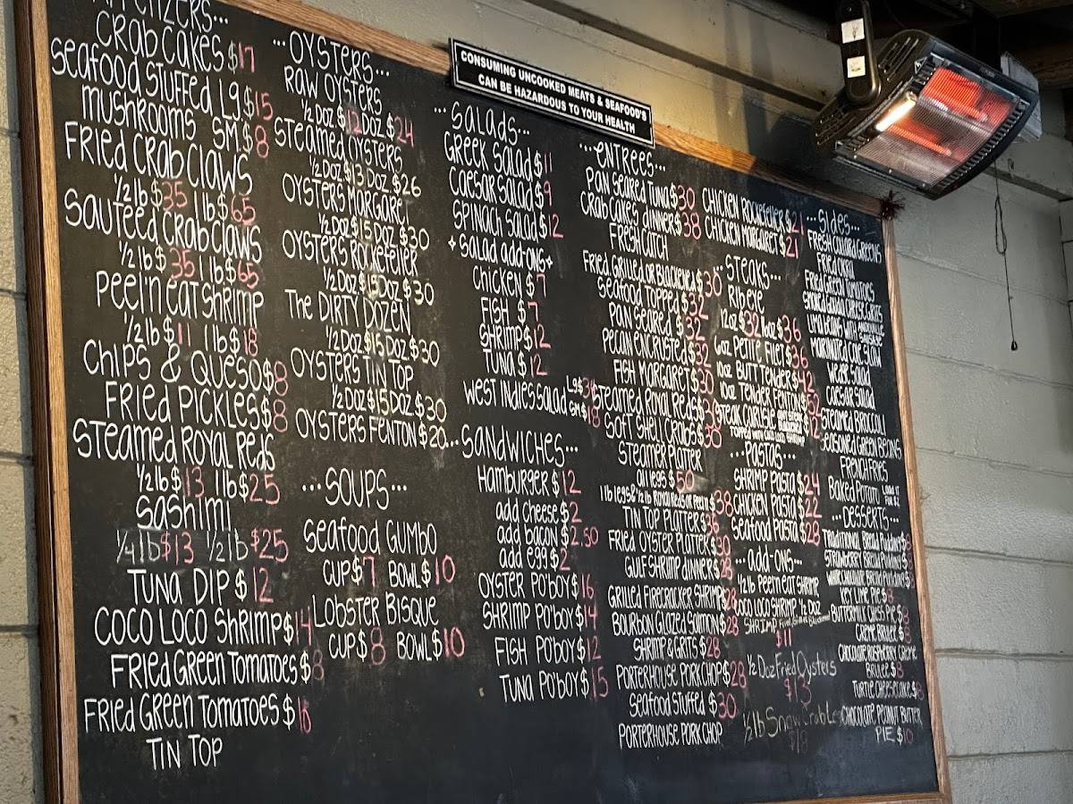 Menu at The Tin Top Restaurant & Oyster Bar, Bon Secour