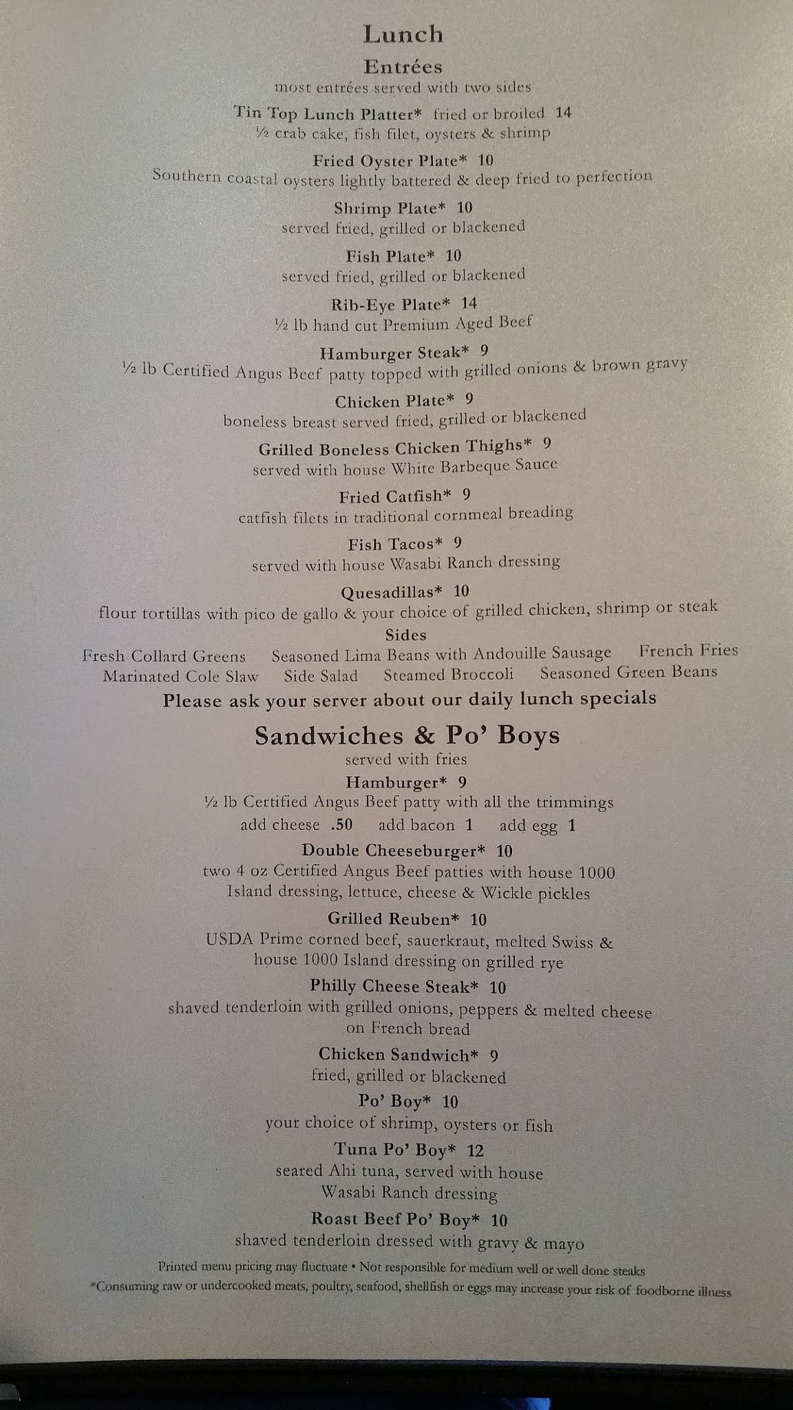 Menu at The Tin Top Restaurant & Oyster Bar, Bon Secour