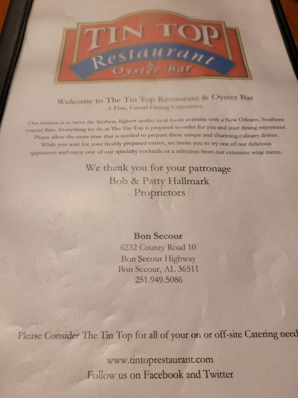 Menu at The Tin Top Restaurant & Oyster Bar, Bon Secour