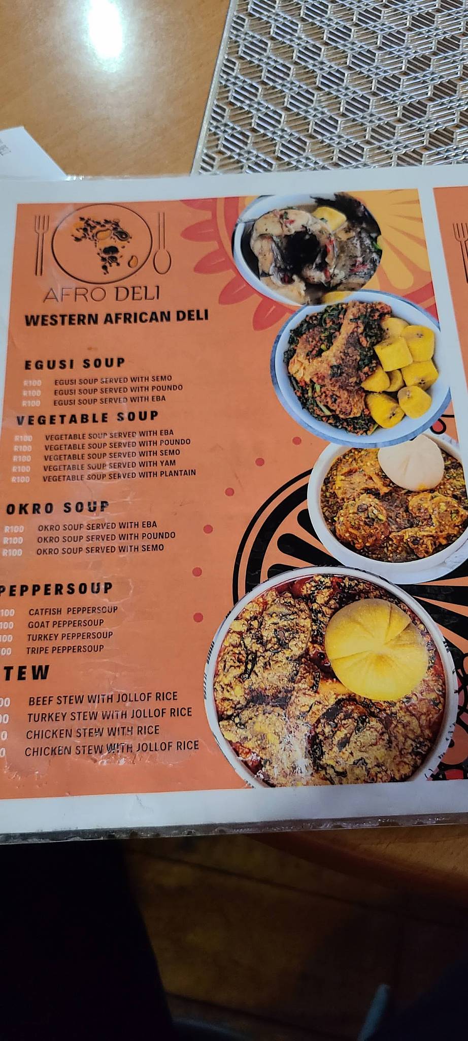 Menu at The Village Buffet restaurant, Cape Town