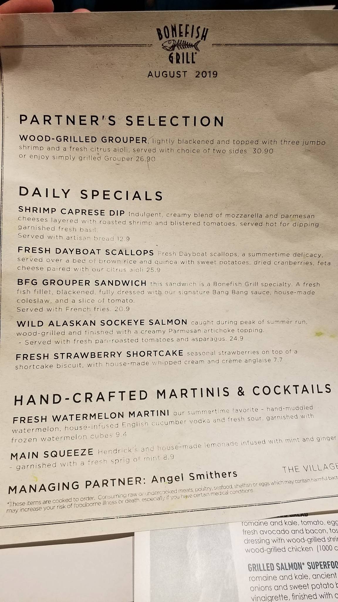 Menu at Bonefish Grill restaurant, The Villages