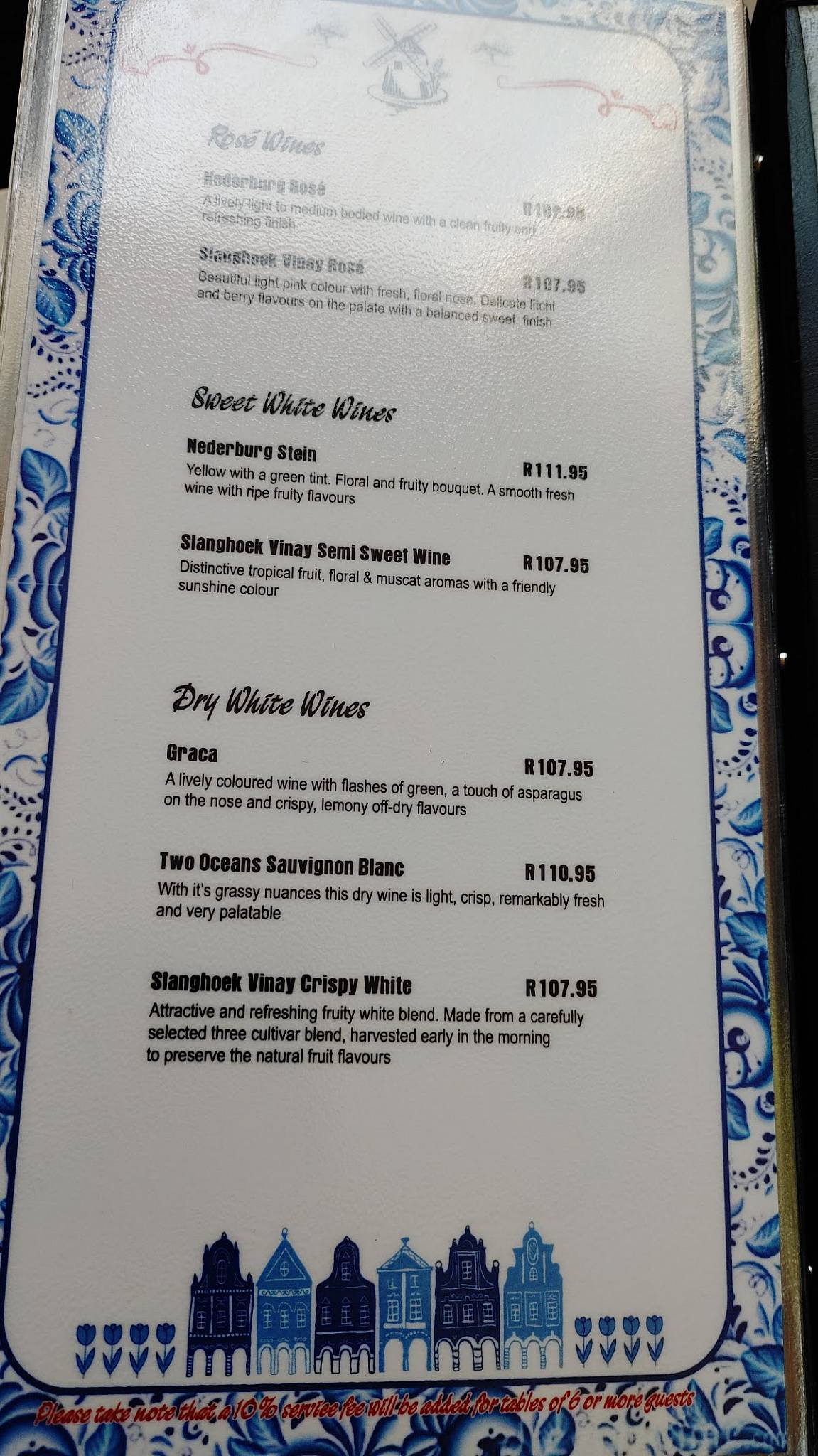 Menu at The Windmill Restaurant, Hartbeespoort
