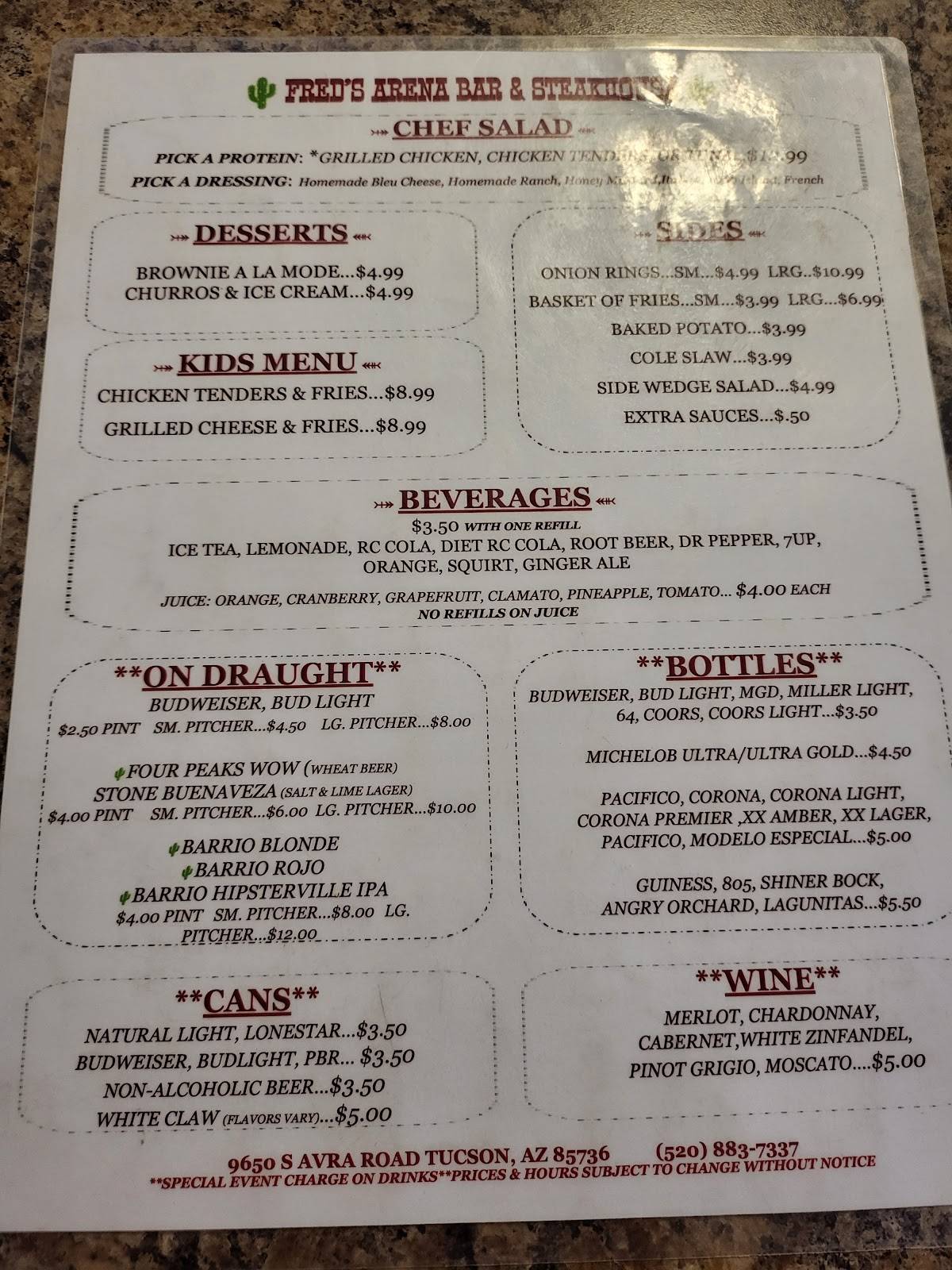 Menu at Fred's Arena Bar & Steakhouse, Three Points