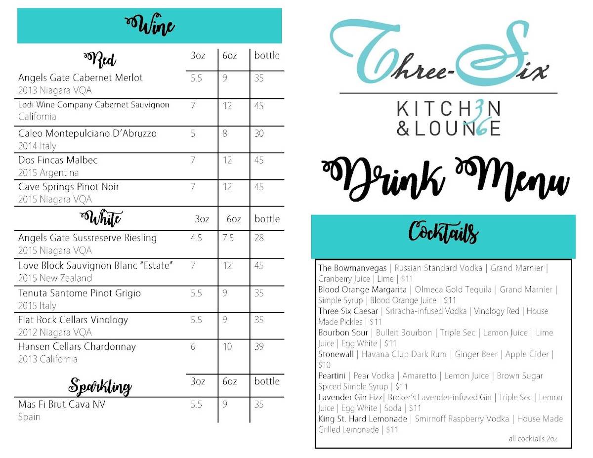Menu at Three Six Kitchen restaurant, Bowmanville