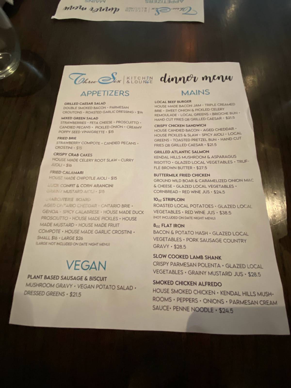 Menu at Three Six Kitchen restaurant, Bowmanville