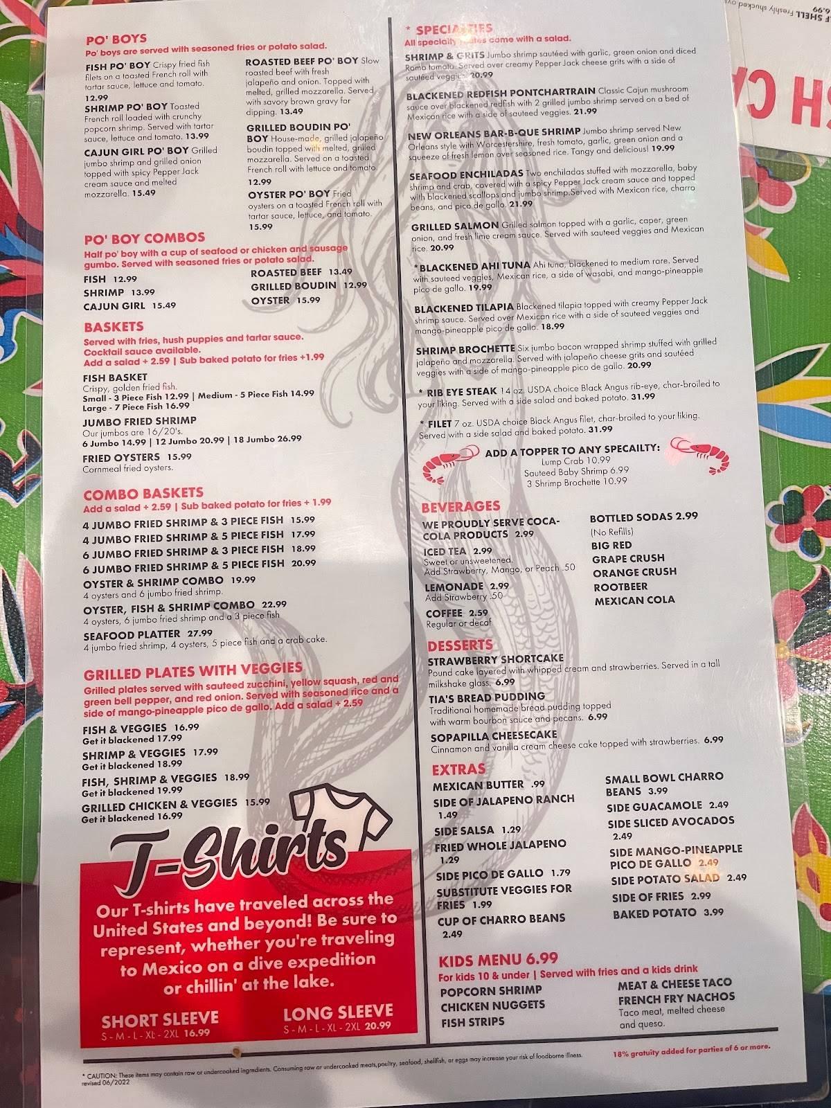 Menu at Tia Juanita’s Fish Camp restaurant, Orange