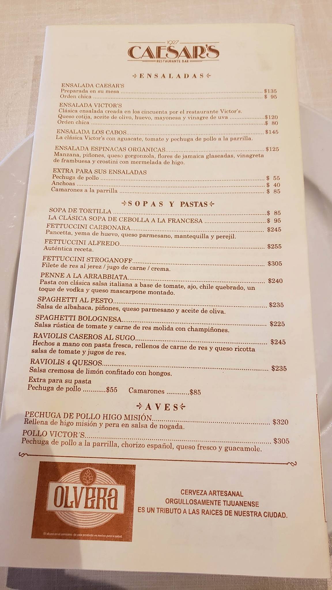 Menu at Caesar's pub & bar, Tijuana, Av. Revolución 8190