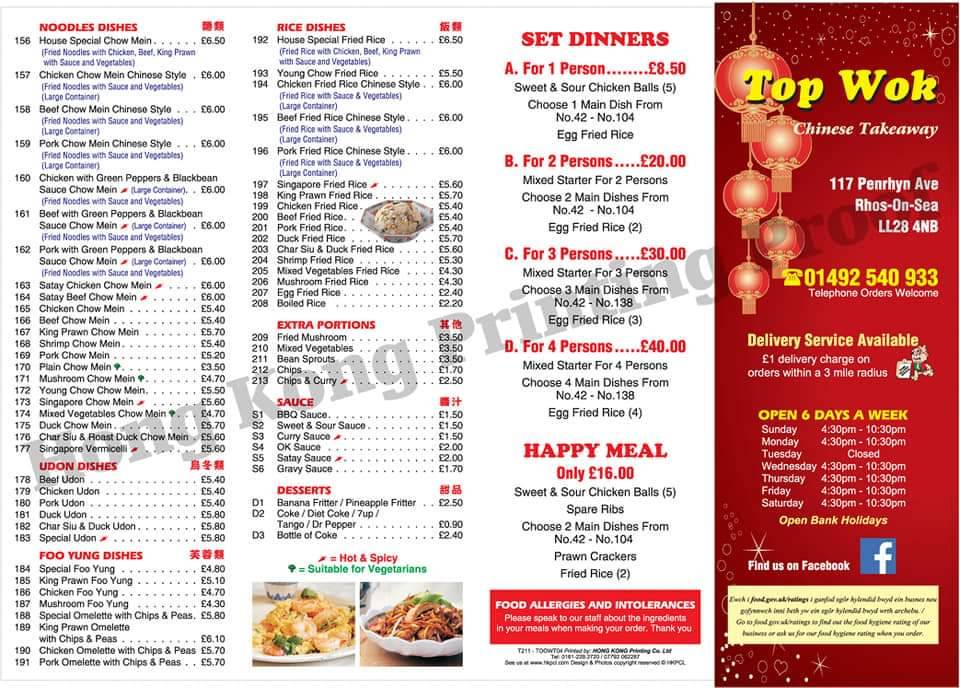 Menu at Top Wok Chinese Takeaway fast food, Rhos on Sea