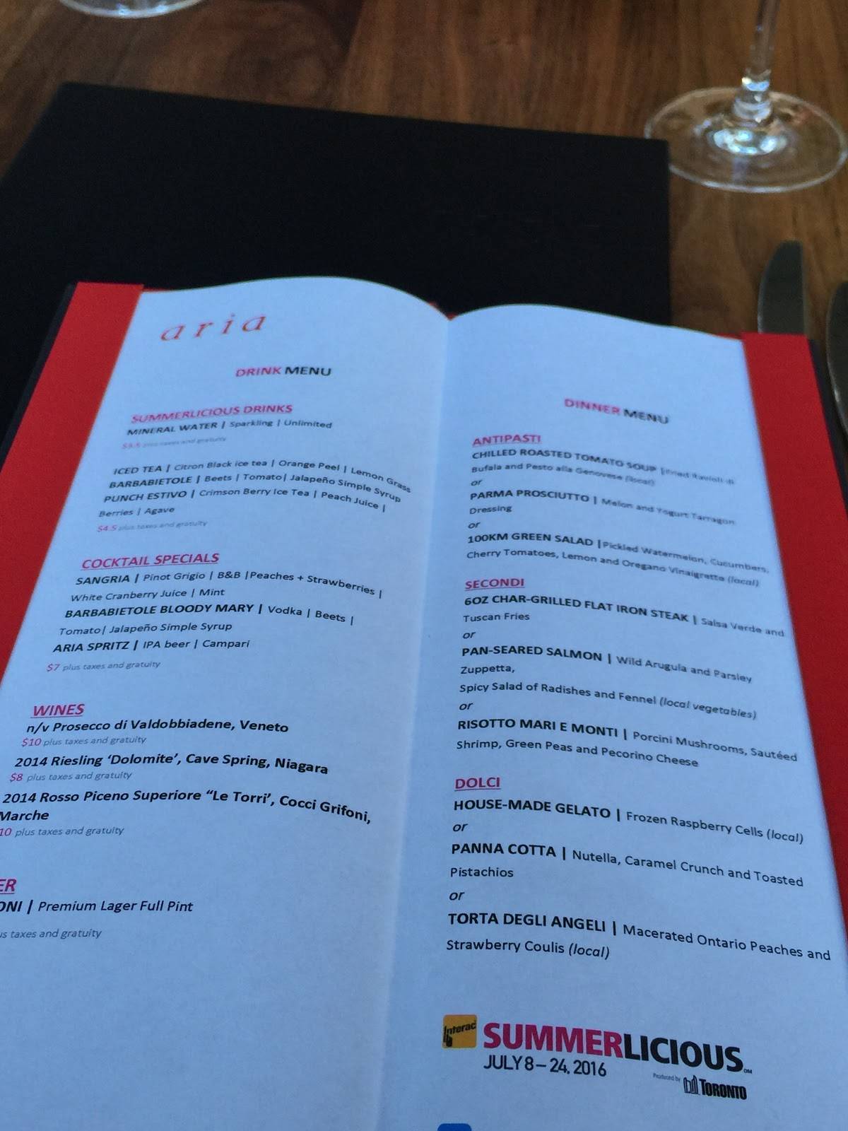 Menu at Aria restaurant, Toronto, 25 York St