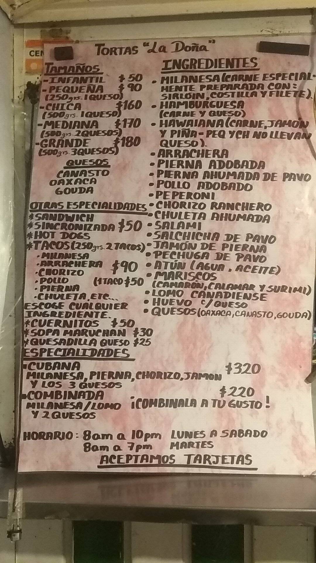 Carta del restaurante Tortas La Doña, Ciudad del México, Av. Magdalena s/n