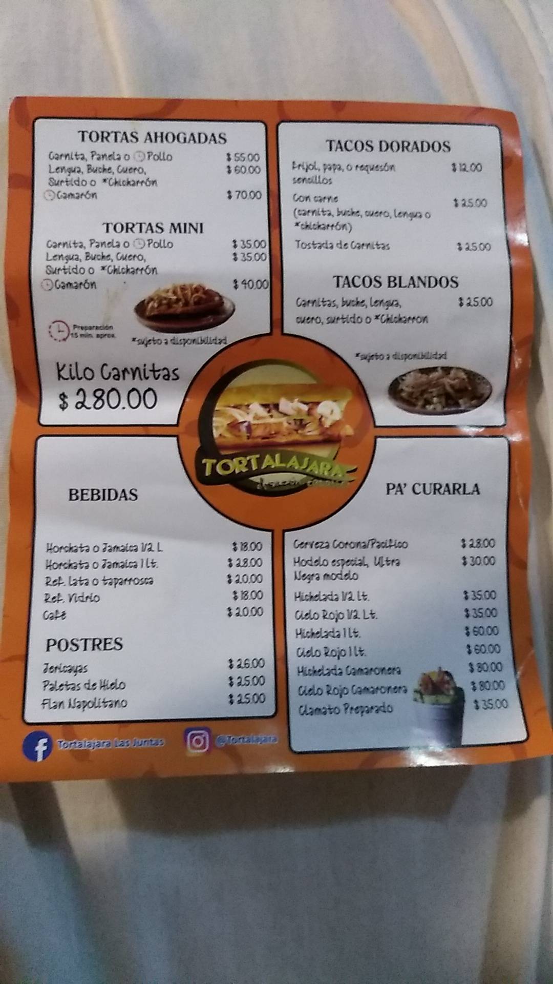 Carta del restaurante Tortas ahogadas Tortalajara, Las Juntas, Puerto ...