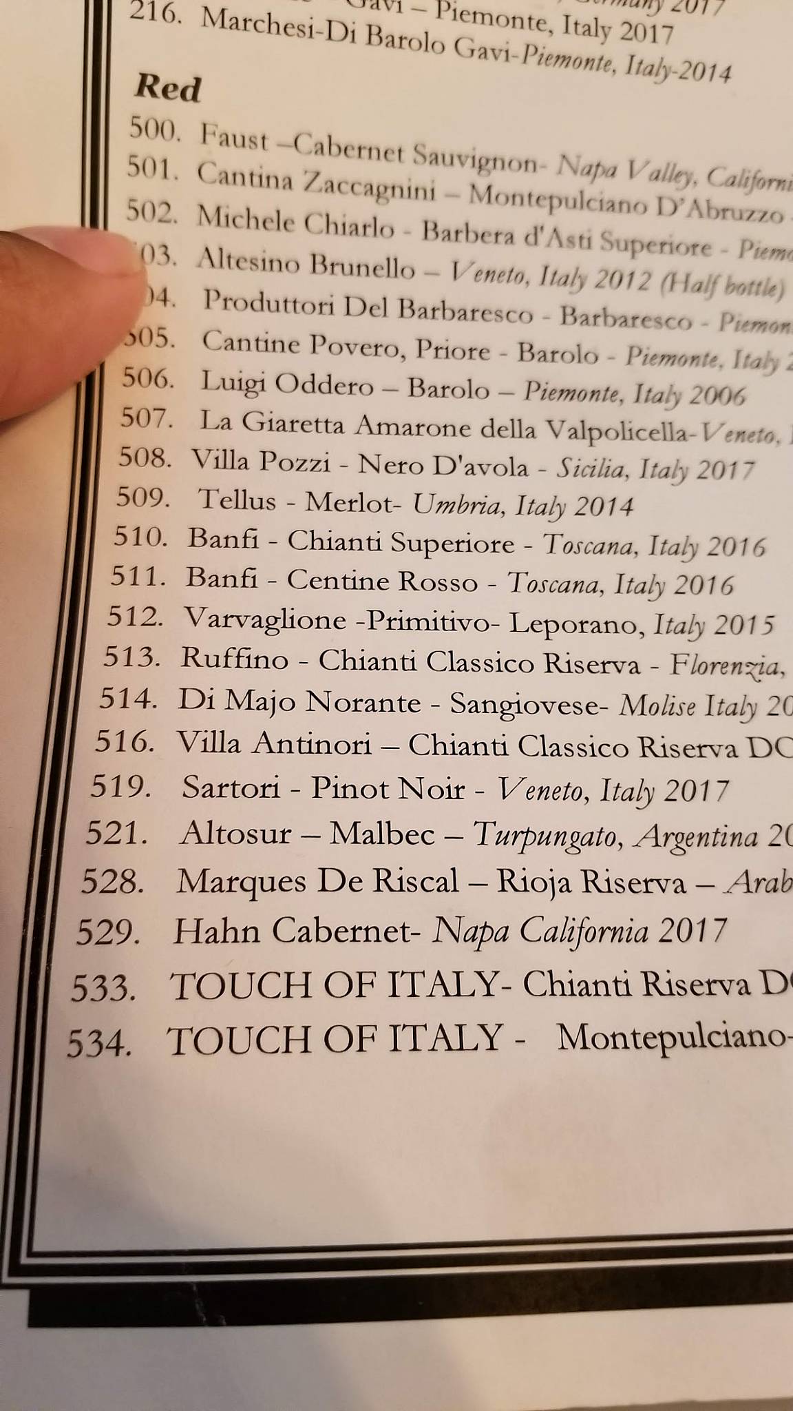 Menu at Touch of Italy restaurant, Ocean City