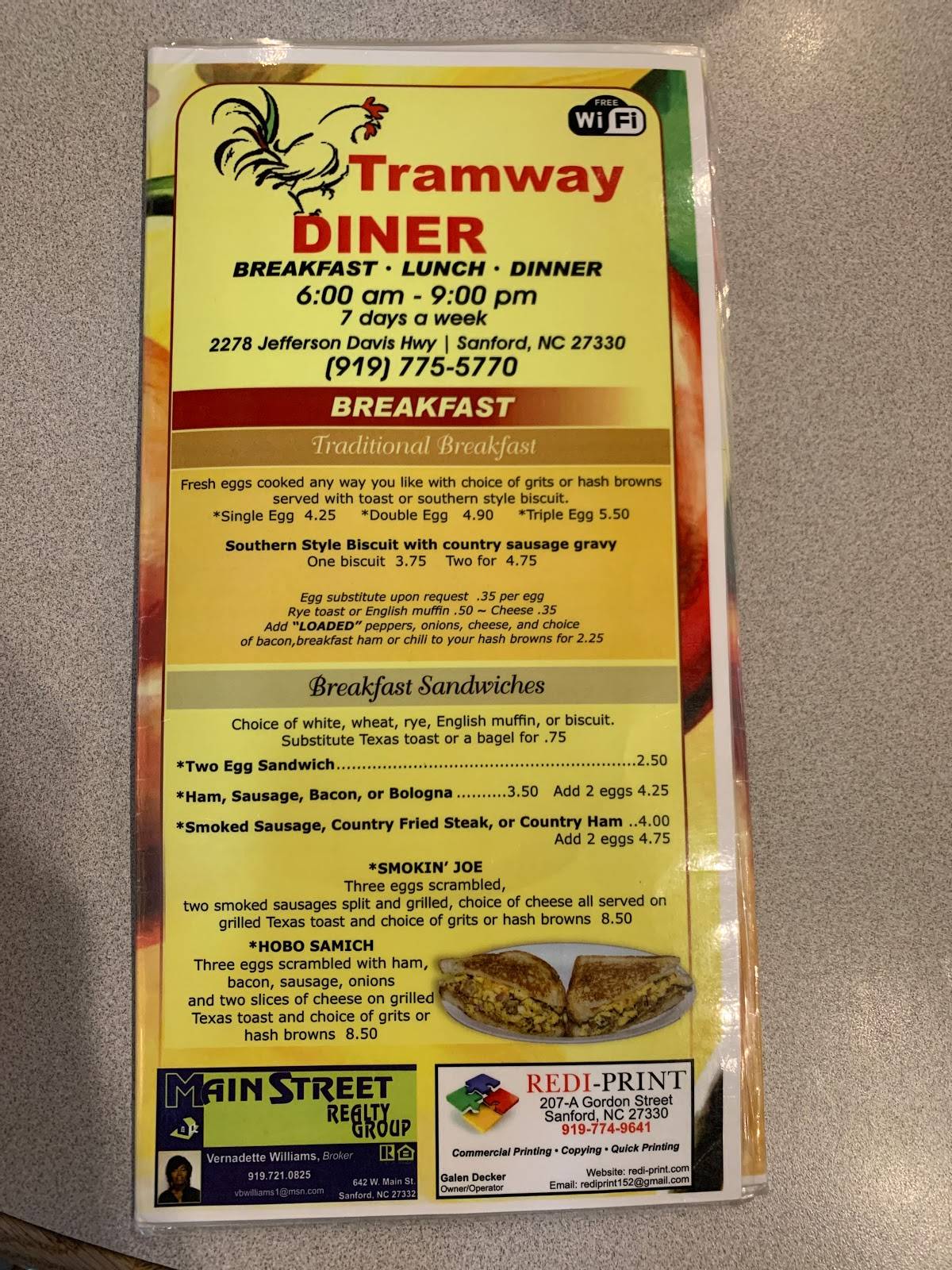 Menu at Tramway Diner restaurant, Sanford