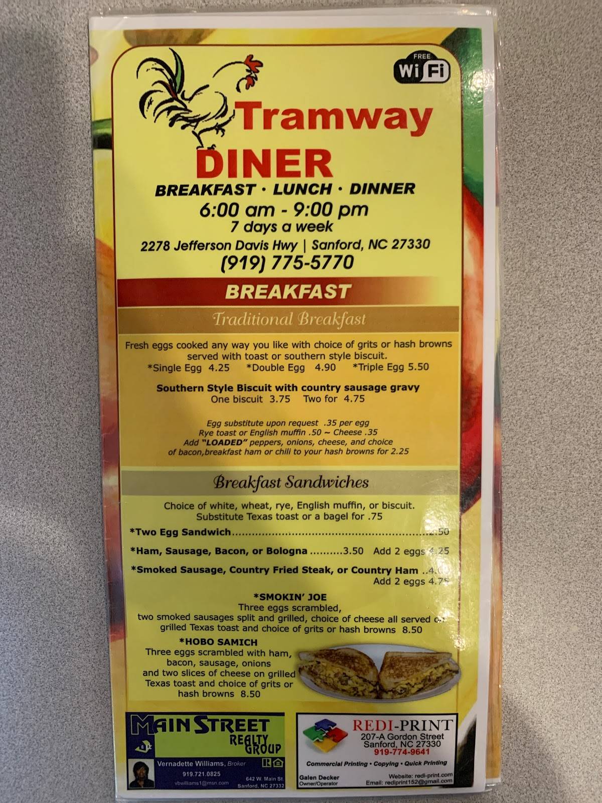 Menu at Tramway Diner restaurant, Sanford