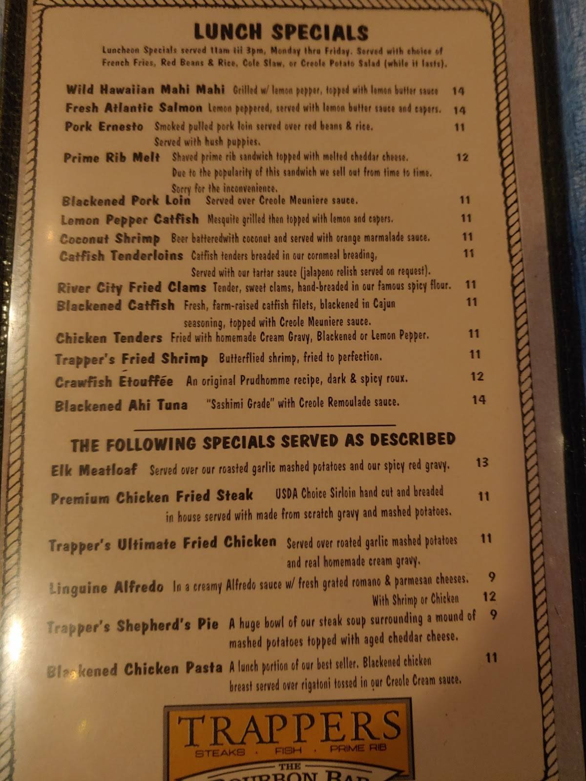 Menu at Trapper's Fishcamp & Grill restaurant, Oklahoma City