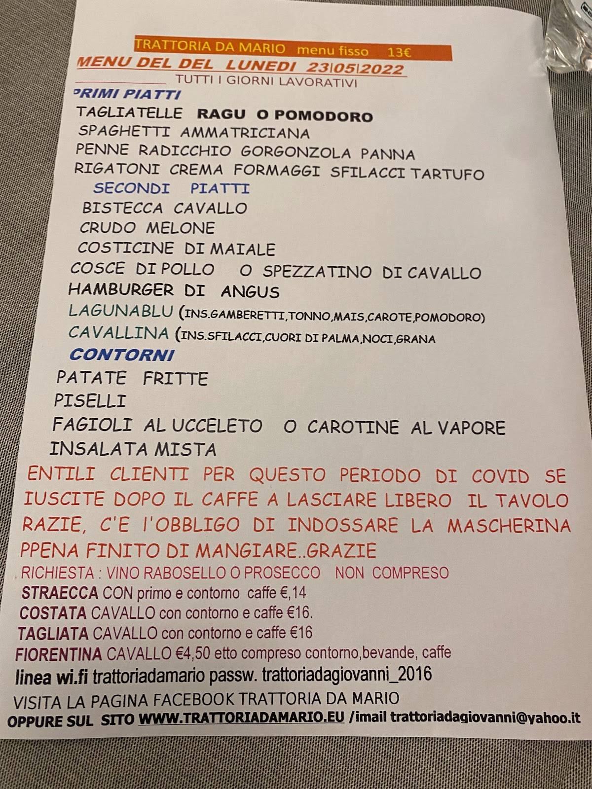 Menu da Trattoria Da Mario caffè bar, Saonara