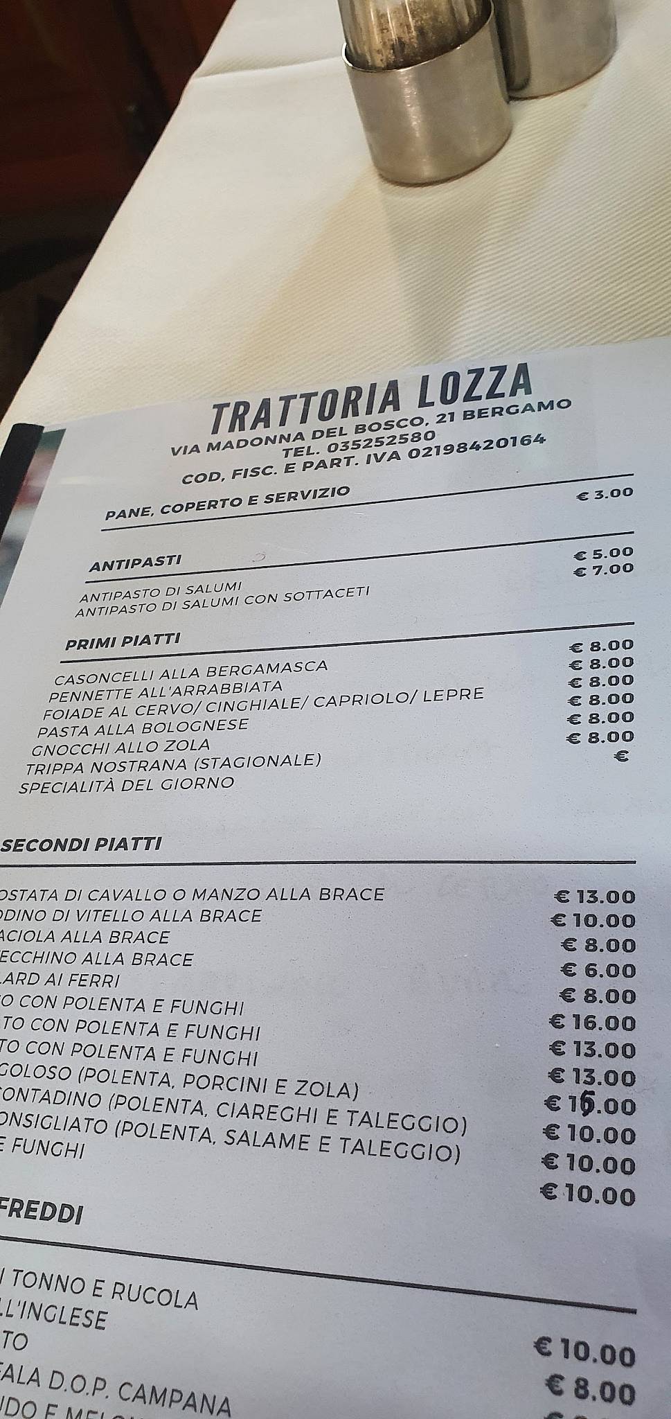 Menu da Trattoria Lozza ristorante, Bergamo