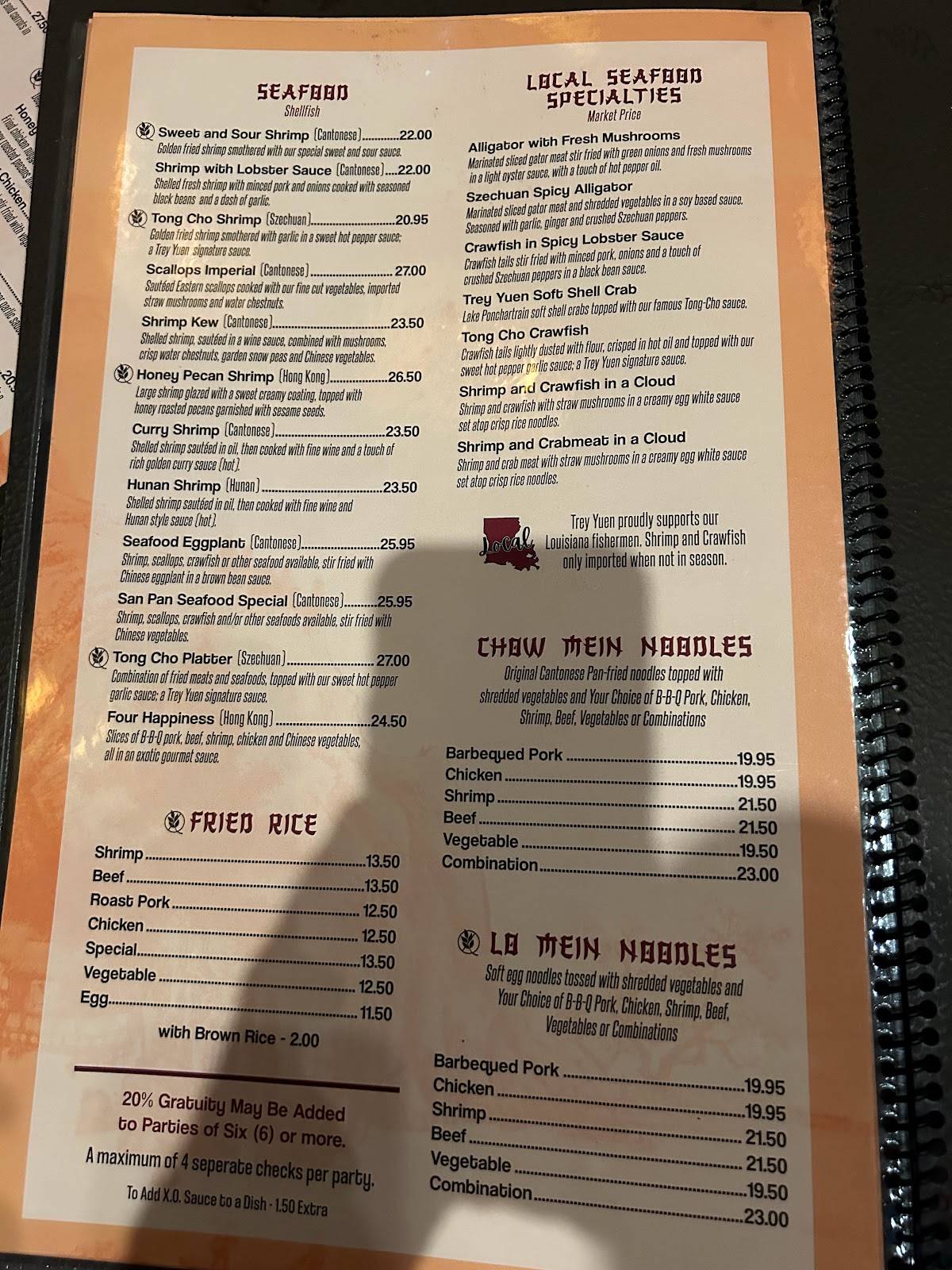 Menu at Trey Yuen restaurant, Mandeville, 600 N Causeway Blvd