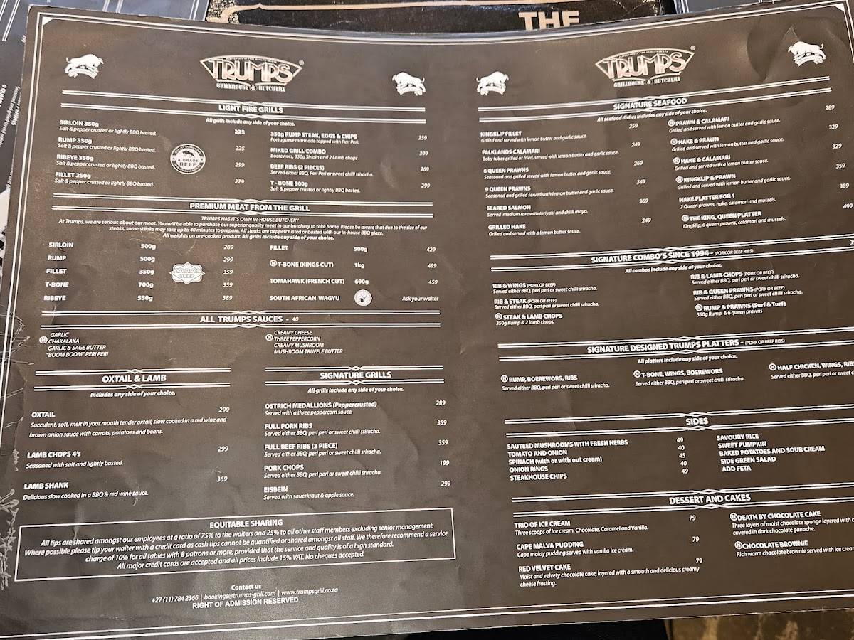 Menu at Trumps Grillhouse and Butchery pub & bar, Sandton