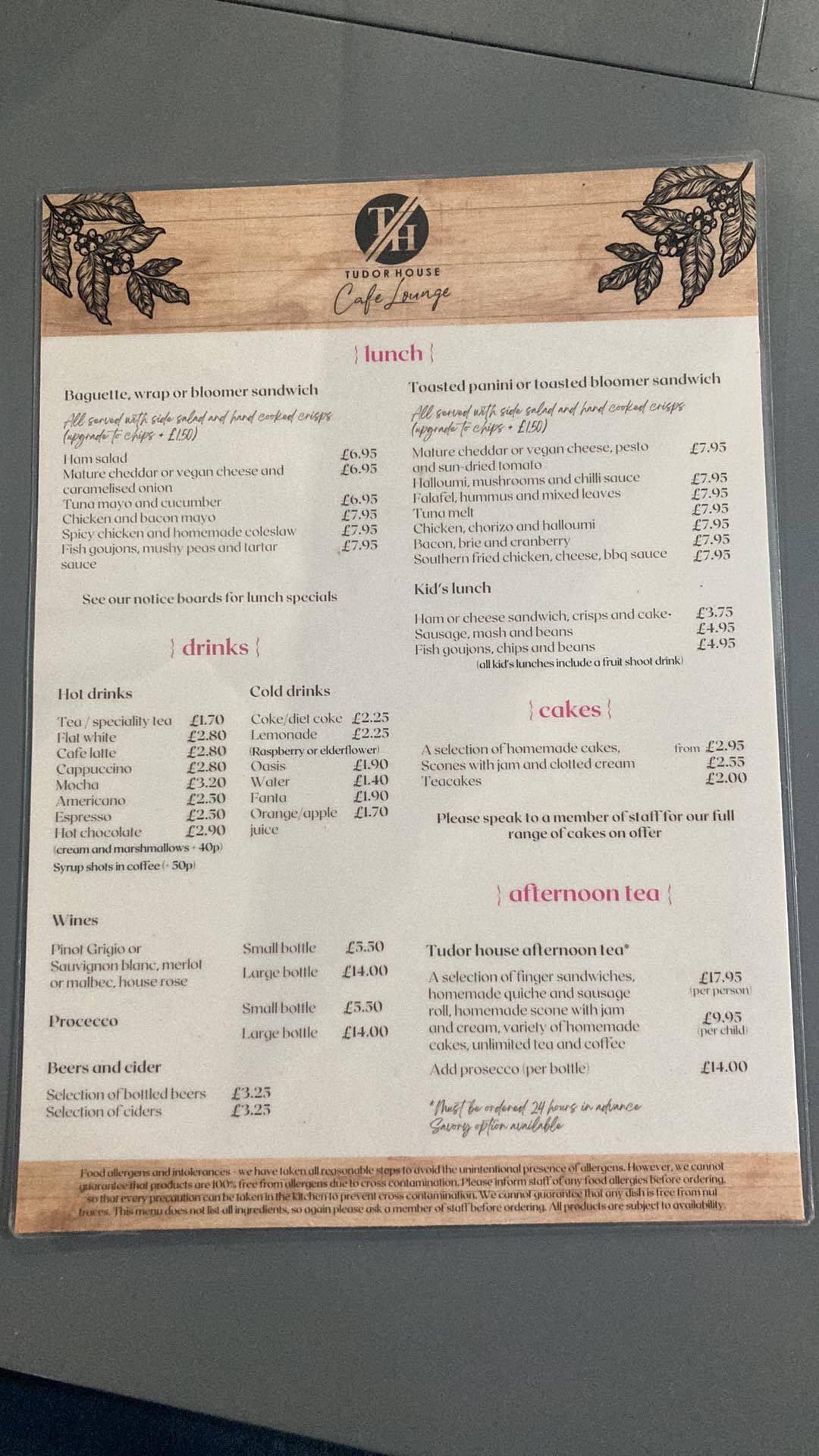 Menu at Tudor house cafe, Tamworth