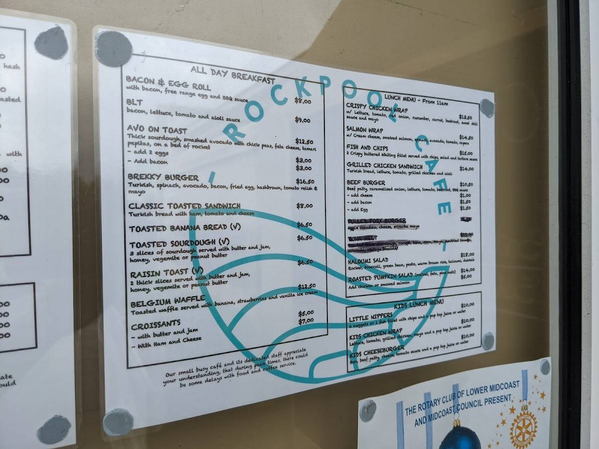 Menu at Rockpool Beach - New Management cafe, Tuncurry