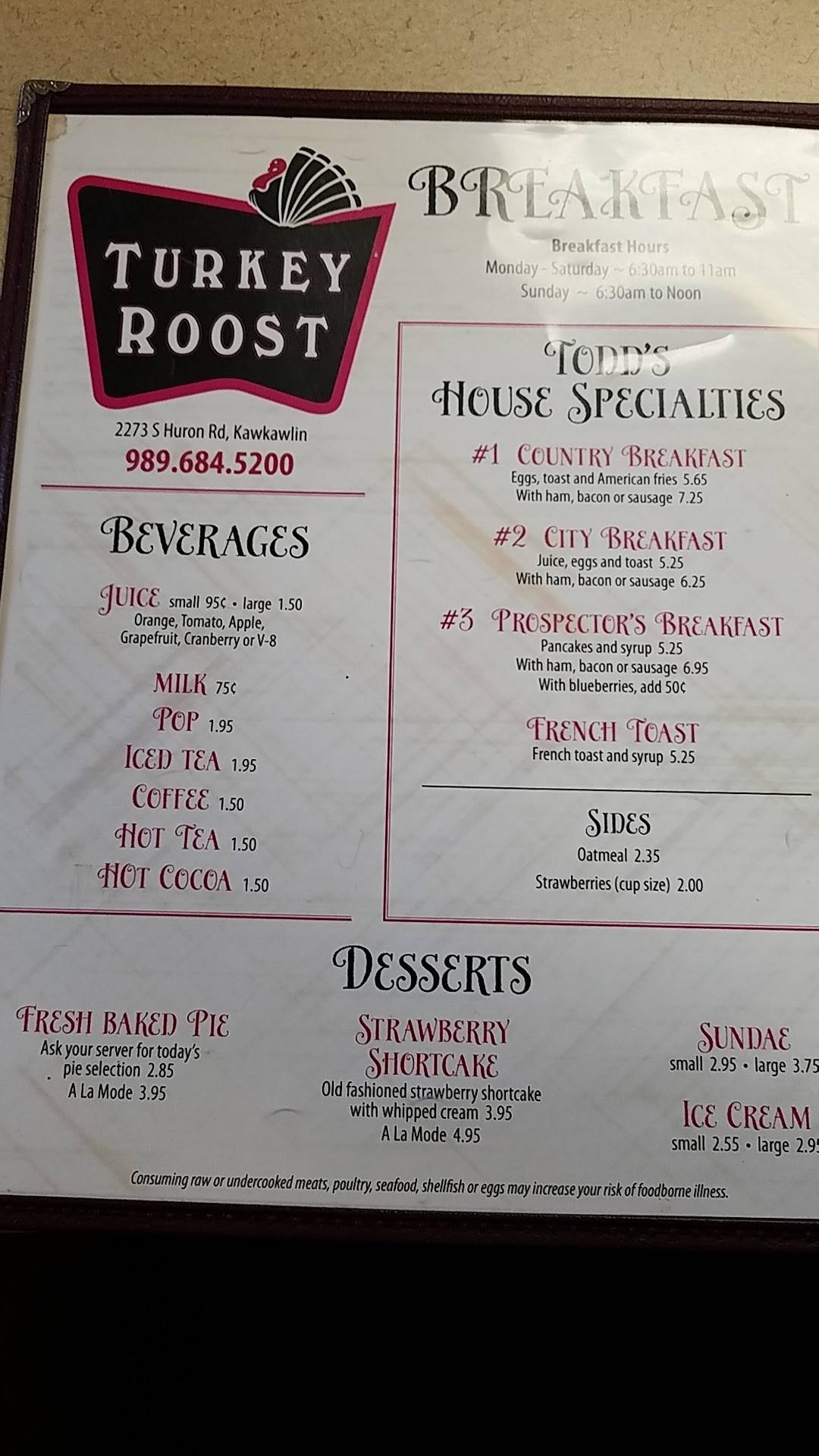 Menu at Turkey Roost restaurant, Kawkawlin, S Huron Rd