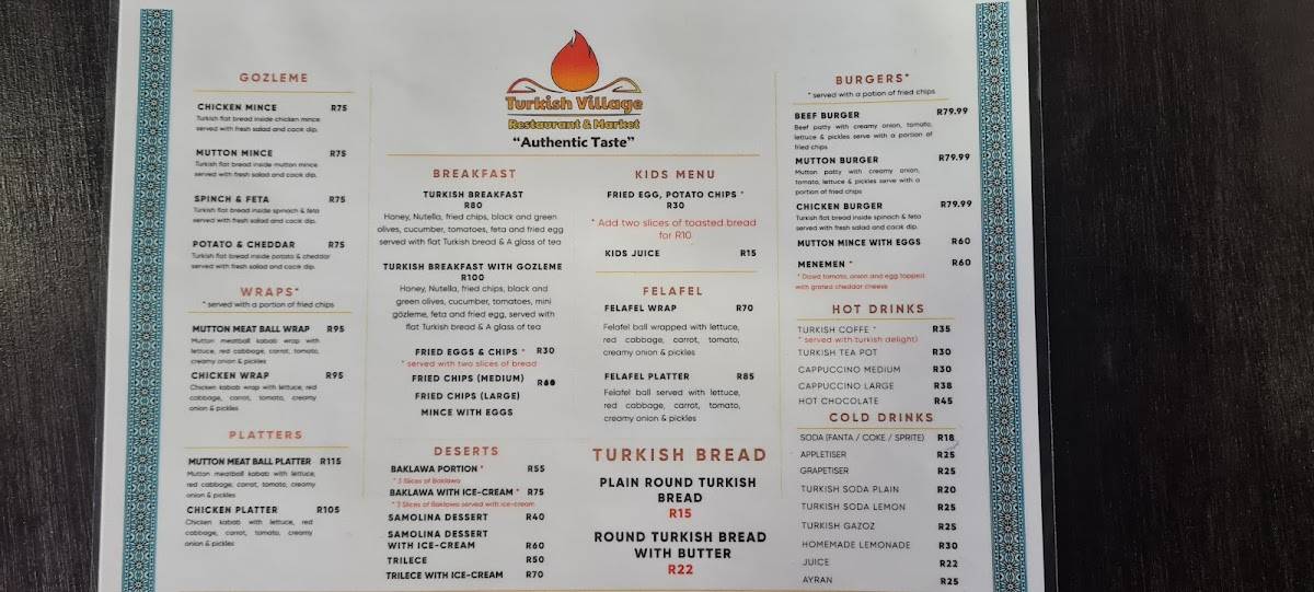 Menu at Turkish village restaurant and market, Outer West Durban