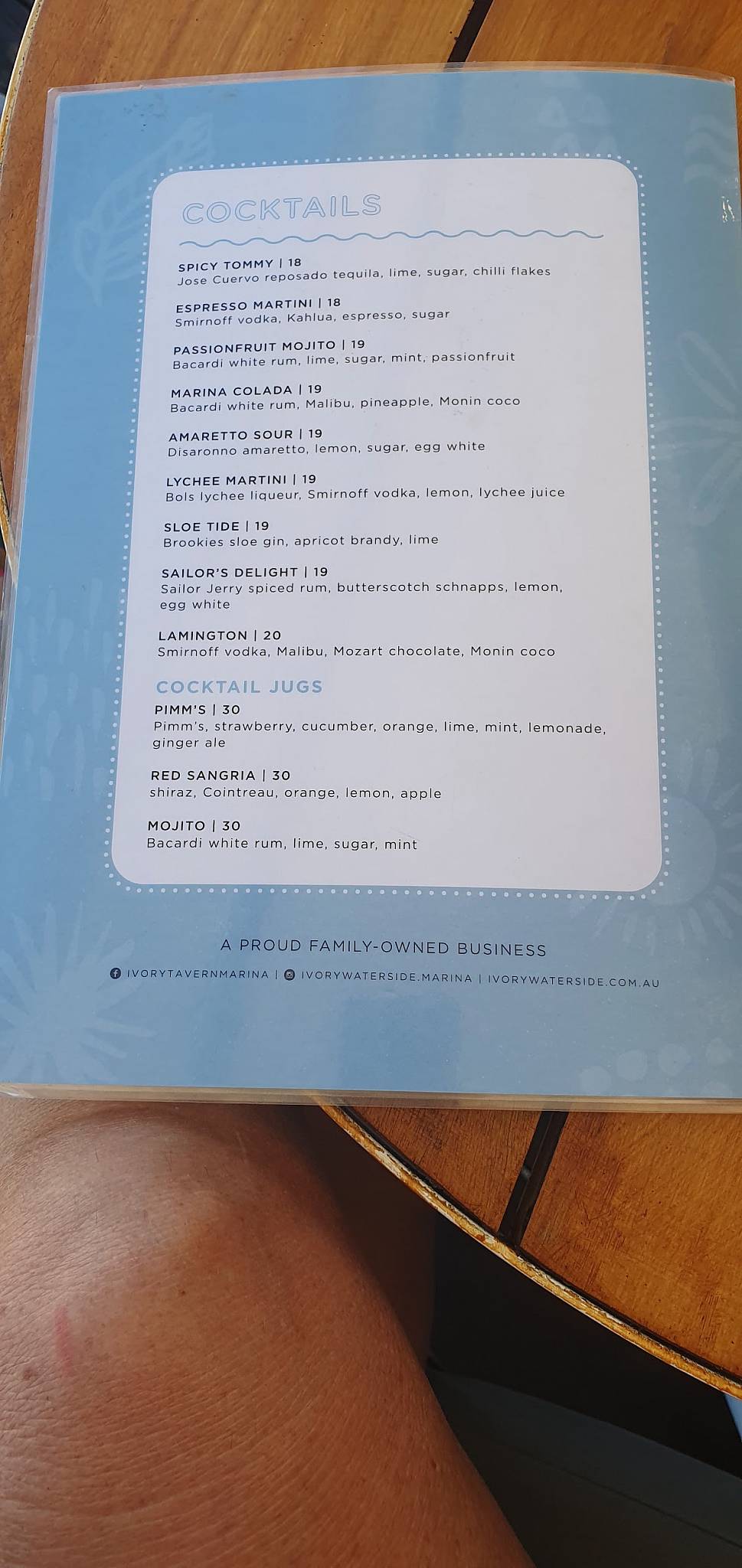 Menu at Ivory Waterside restaurant, Tweed Heads