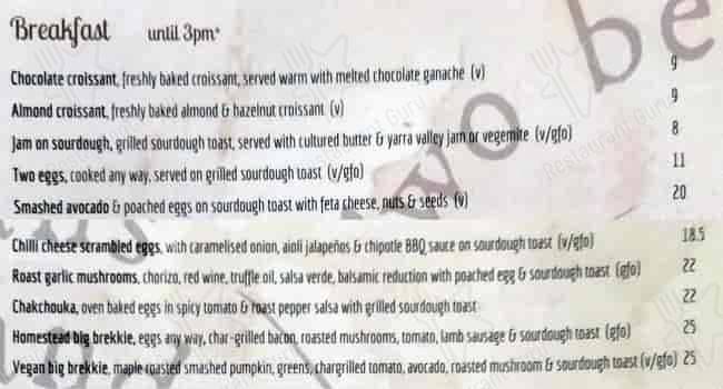 Menu at Two Beans at Carome Estate restaurant, Mernda
