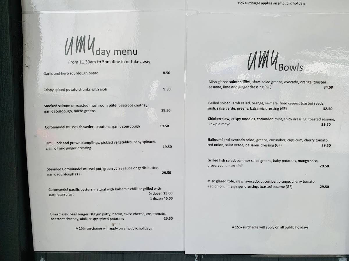 Menu at UMU Restaurant and Cafe, Coromandel