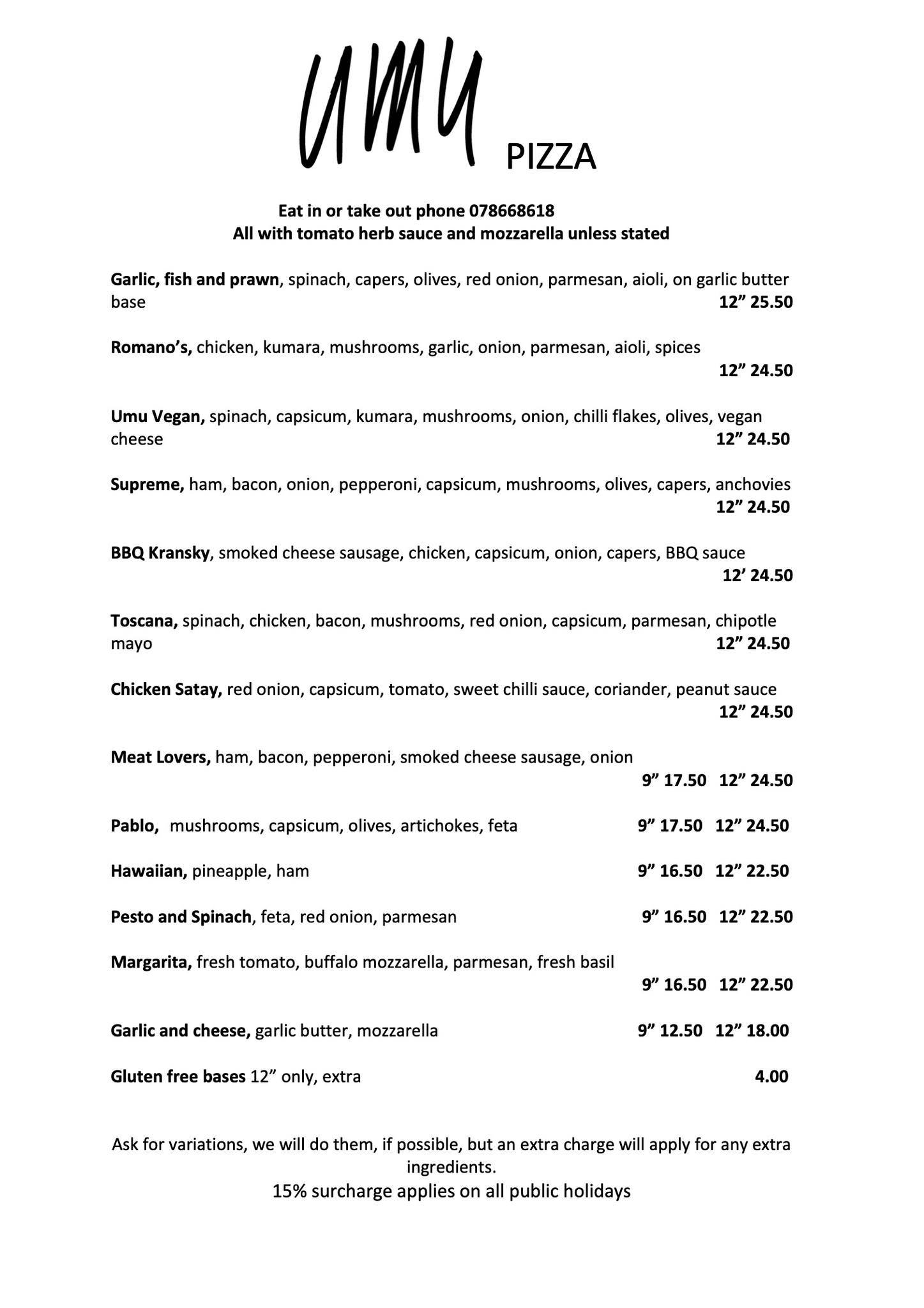 Menu at UMU Restaurant and Cafe, Coromandel