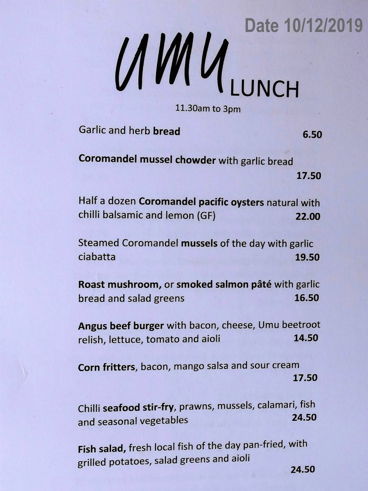 Menu at UMU Restaurant and Cafe, Coromandel