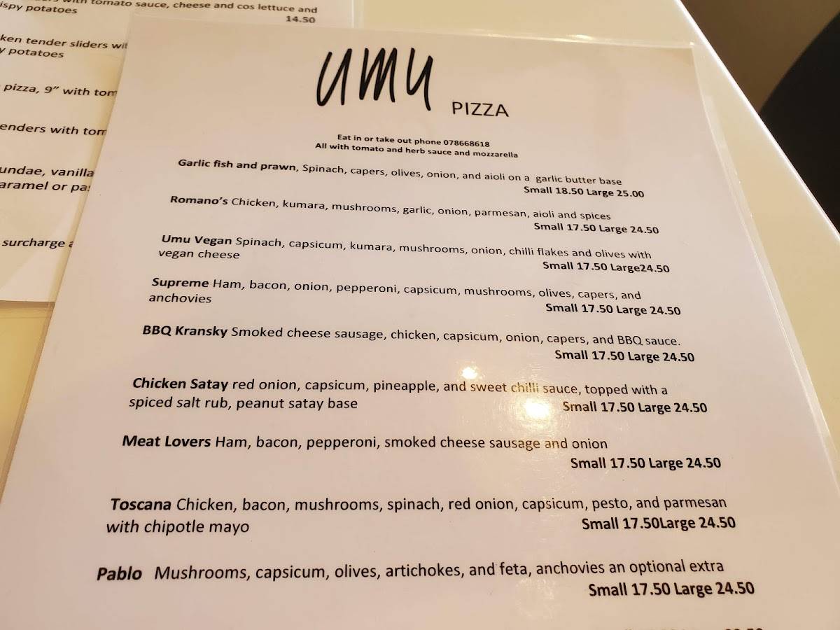 Menu at UMU Restaurant and Cafe, Coromandel