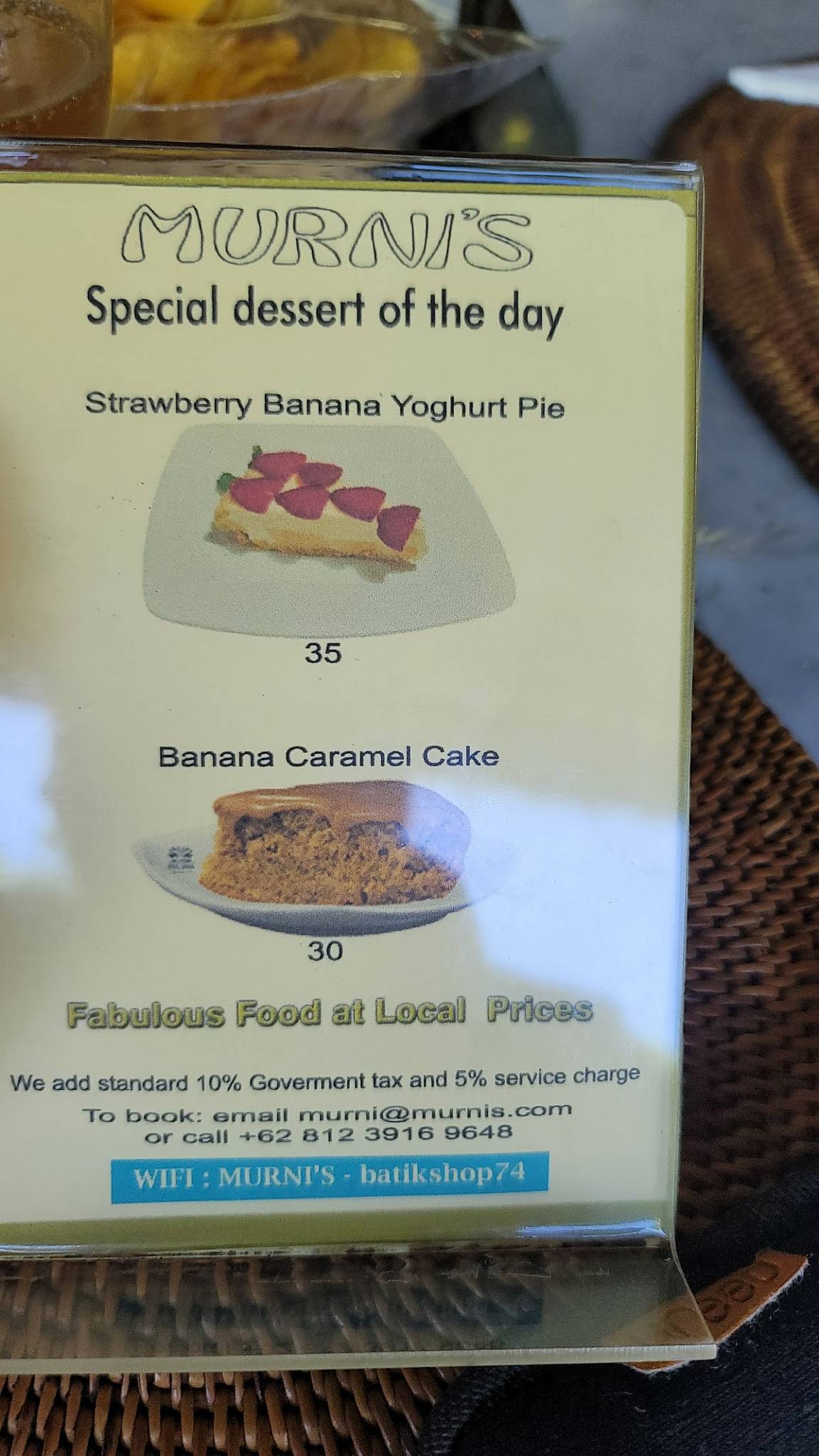 Menu at Murni's Warung restaurant, Ubud