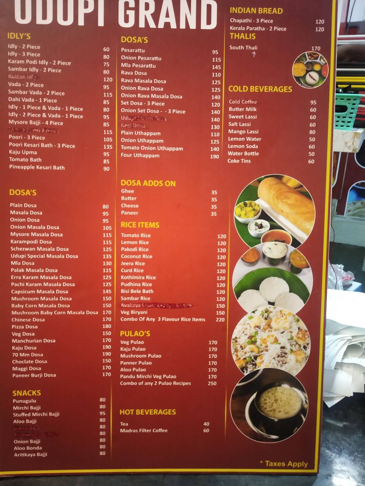 Menu at Udupi Grand, Hyderabad, F9QM+658