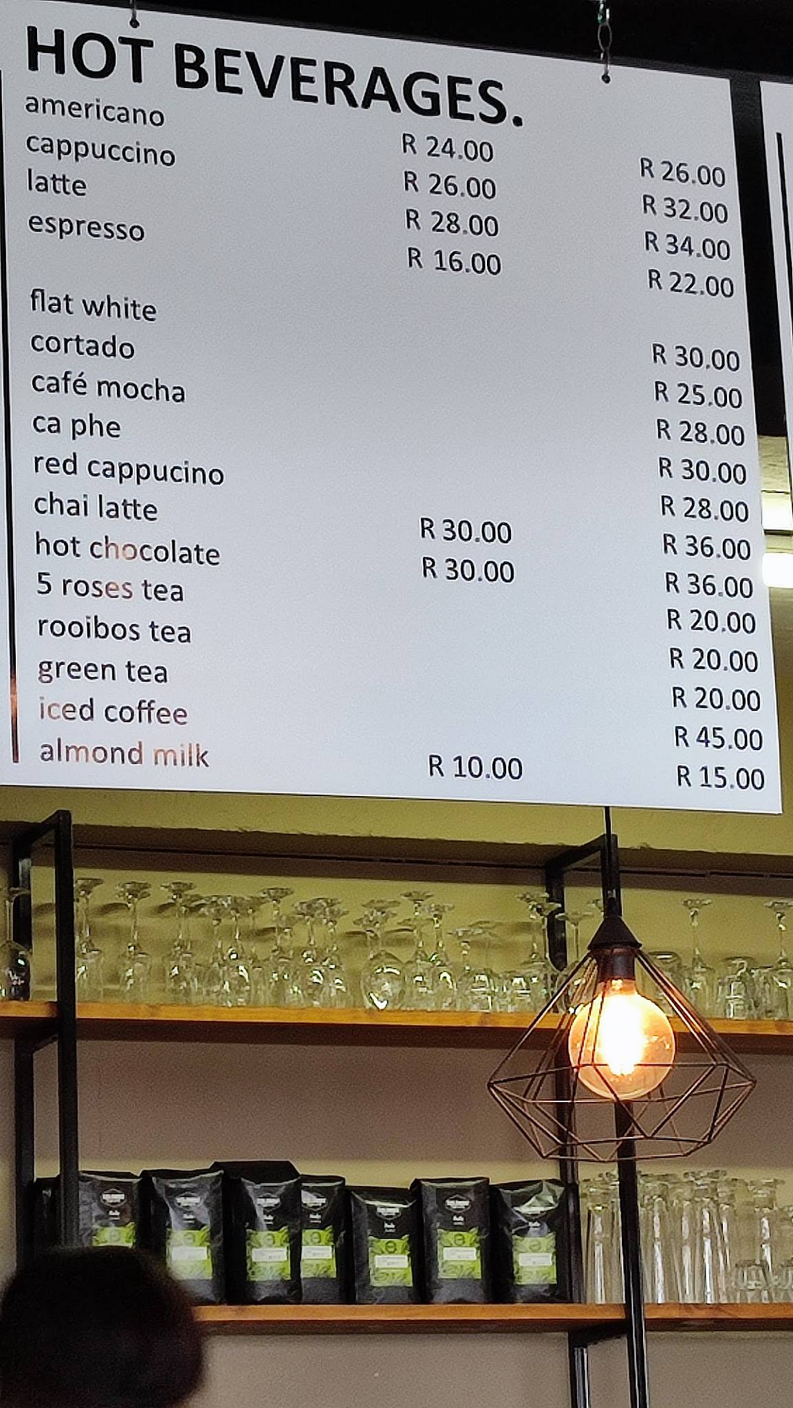 Menu at Moto Cafe, Umhlanga