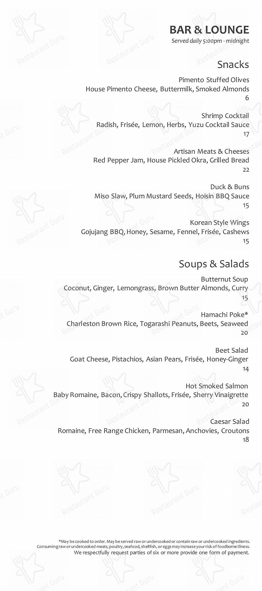 Menu at The Umstead Hotel and Spa pub & bar, Cary
