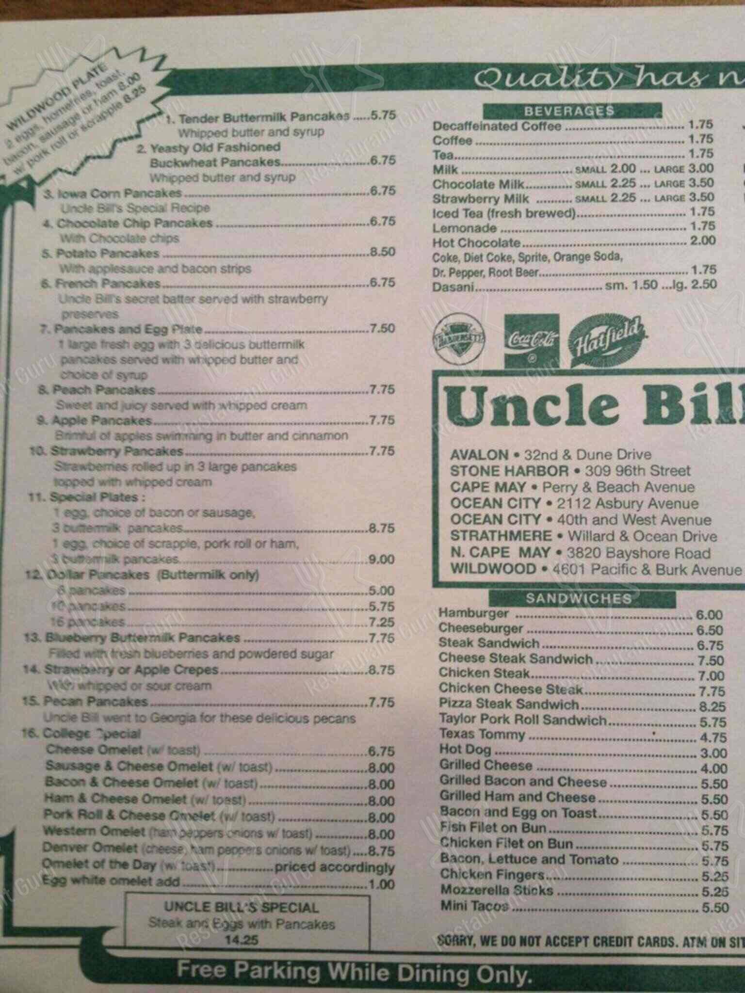 Menu at Uncle Bill's Pancake House restaurant, Wildwood