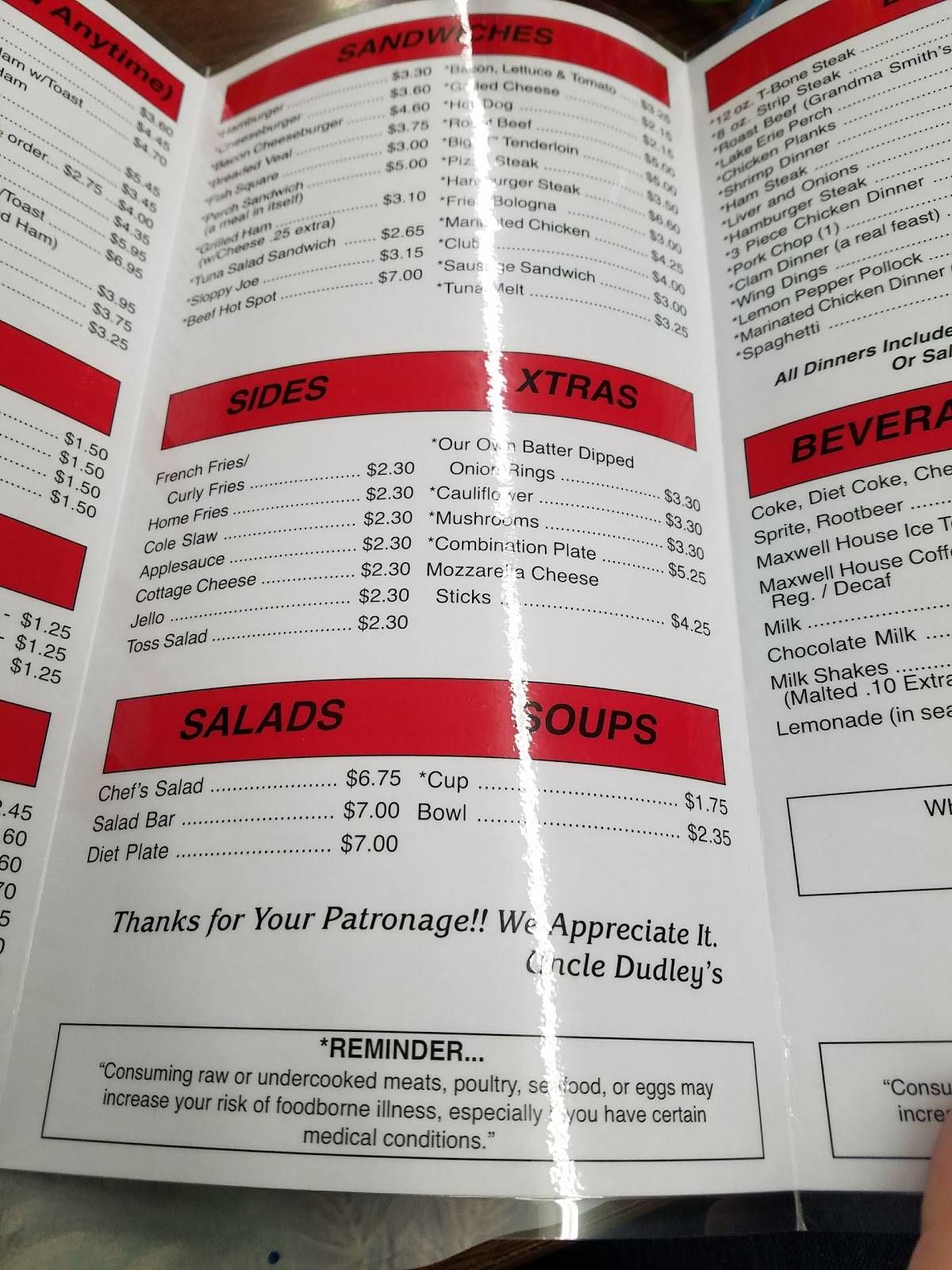 Menu at Uncle Dudley's Restaurant, Willard