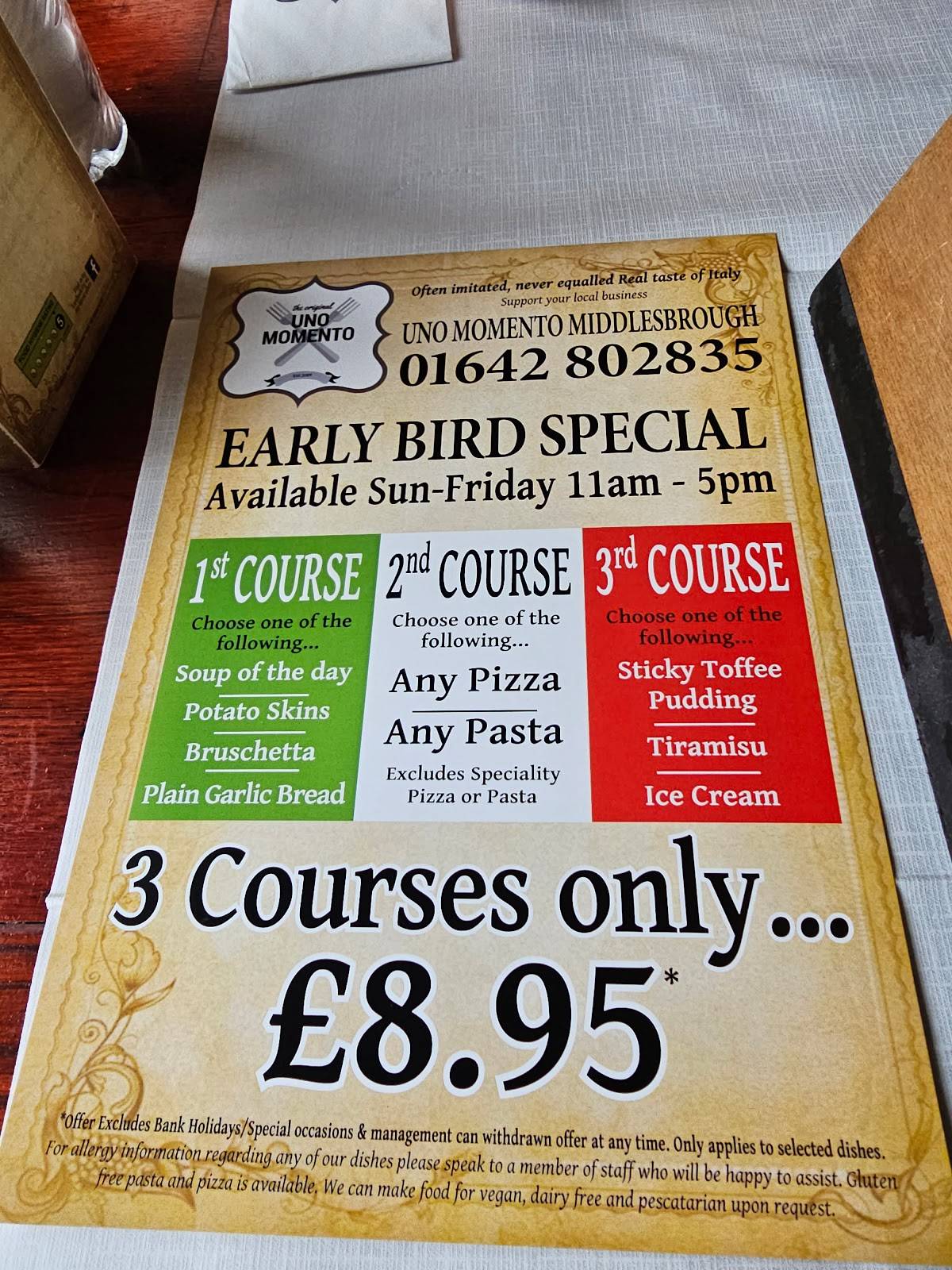 Menu at Uno Momento Middlesbrough restaurant, Middlesbrough, 156-158 ...