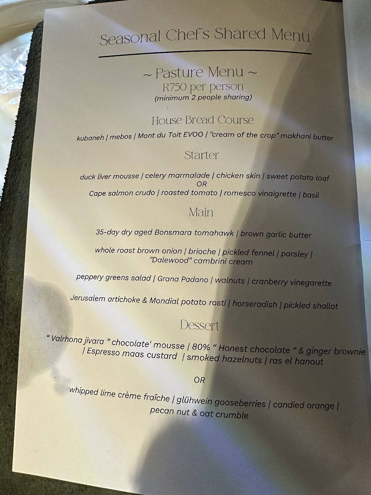 Menu at Upper Union restaurant, Cape Town