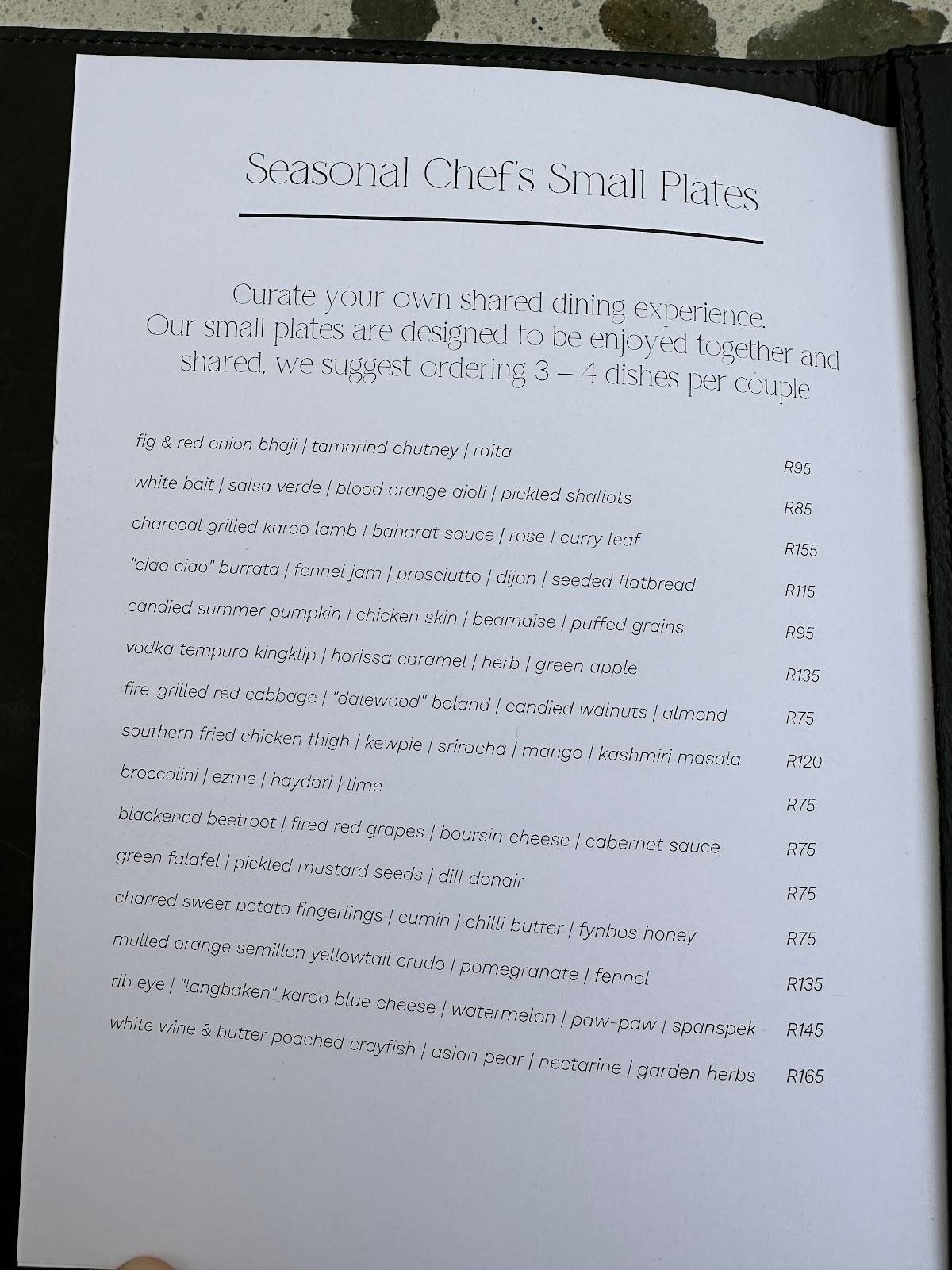 Menu at Upper Union restaurant, Cape Town