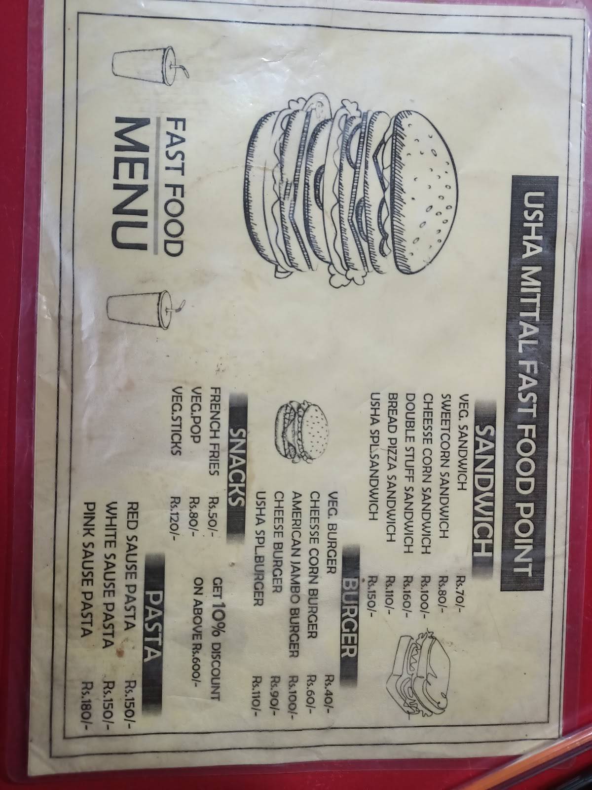 Menu at Usha coffee shop, Ferozepur