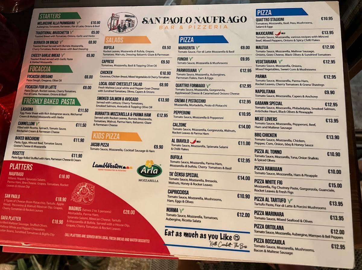 Menu at Luciano restaurant, Valletta